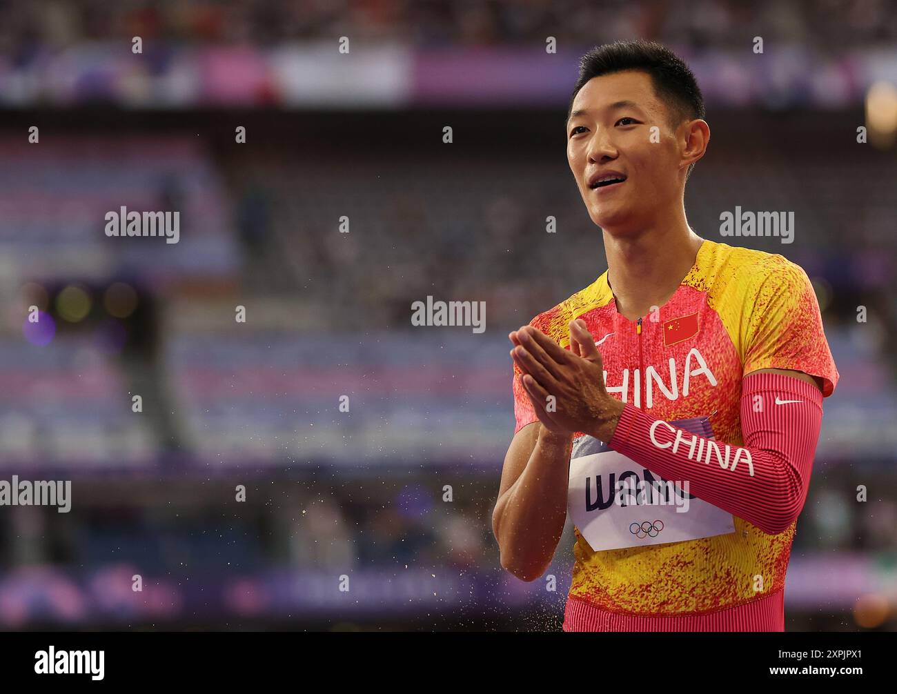 Paris, France. 6th Aug, 2024. Wang Jianan of China reacts during the men's long jump final of ...