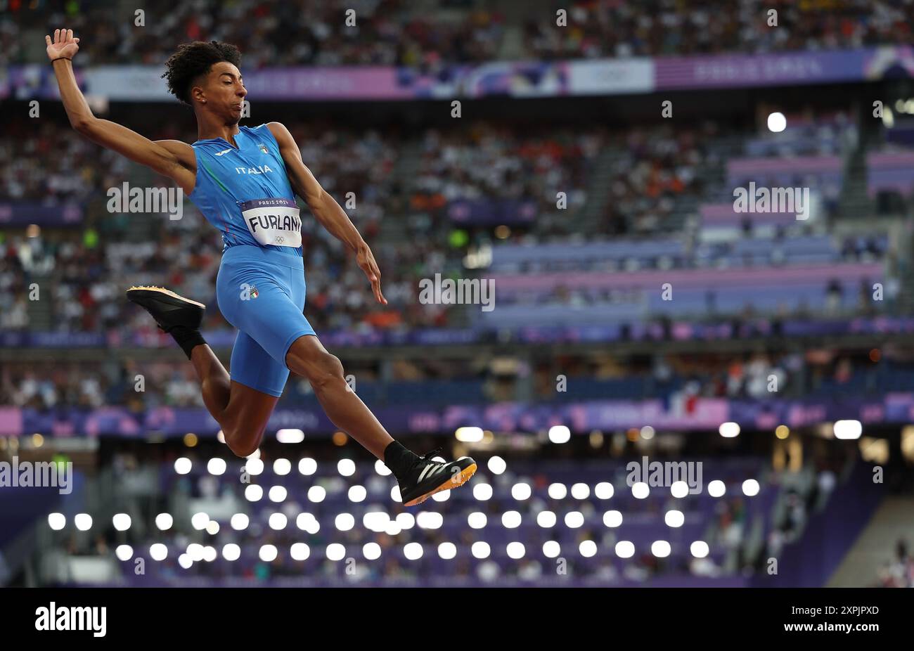 Paris, France. 6th Aug, 2024. Mattia Furlani of Italy competes during ...