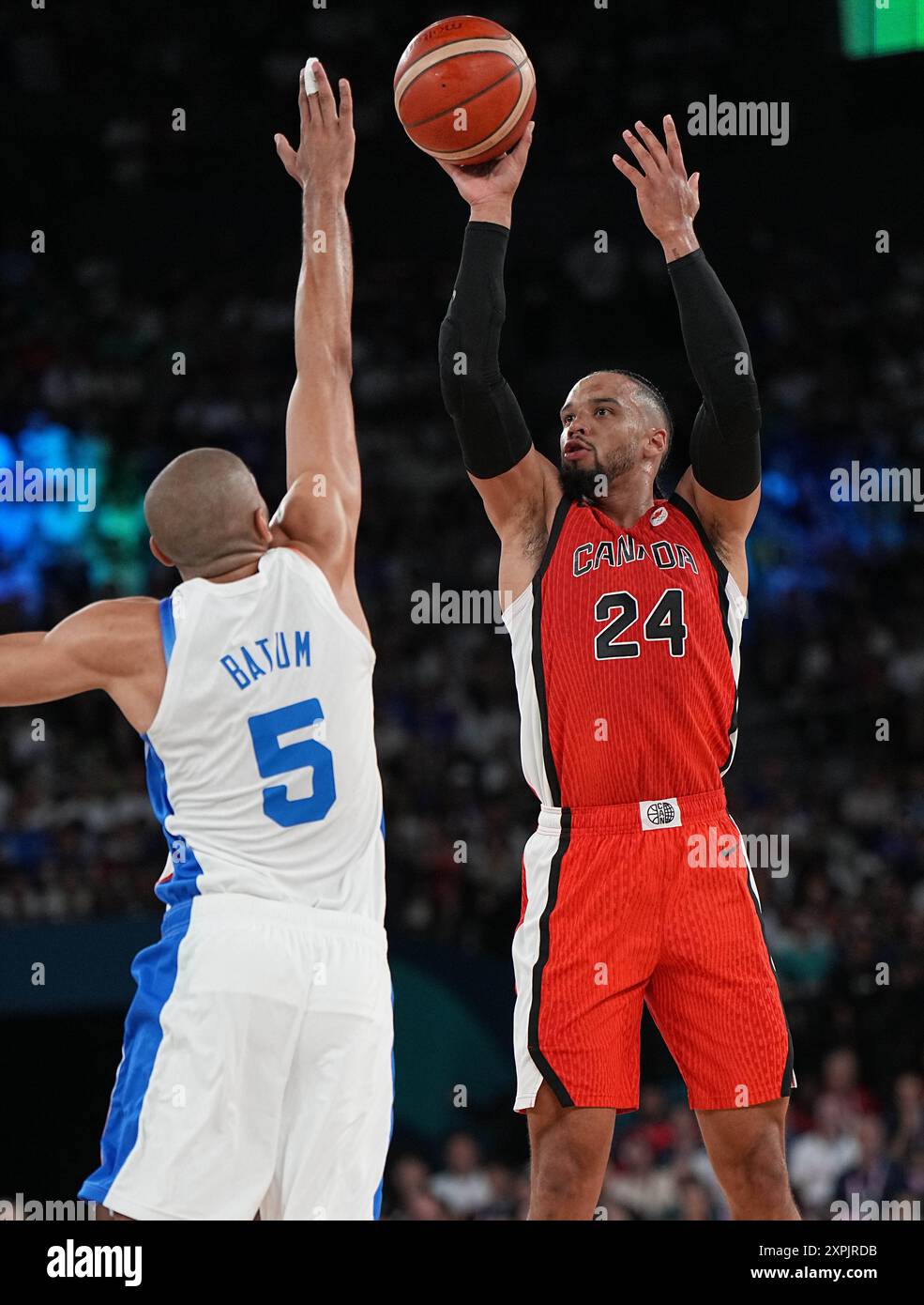 Paris, France. 6th Aug, 2024. Dillon Brooks (R) of Canada shoots during ...