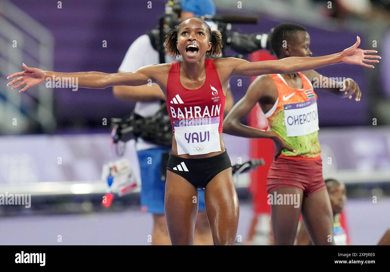 Paris, France. 06th Aug, 2024. Winfred Yavi of Bahrain celebrates after ...