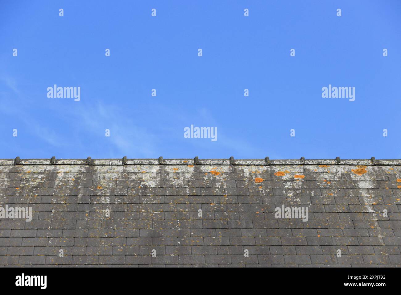 Slate roof ridge tiles and blue sky in Lincolnshire,England uk Stock ...