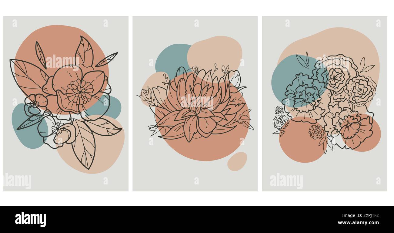 Set of flower greenery leaves line art isolated. Spring floral garden ...