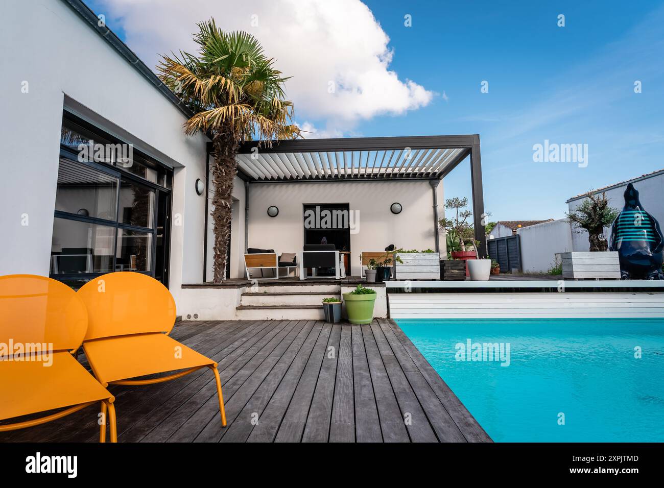 Trendy outdoor patio, pergola, shade structure, awning and roof terrace ...