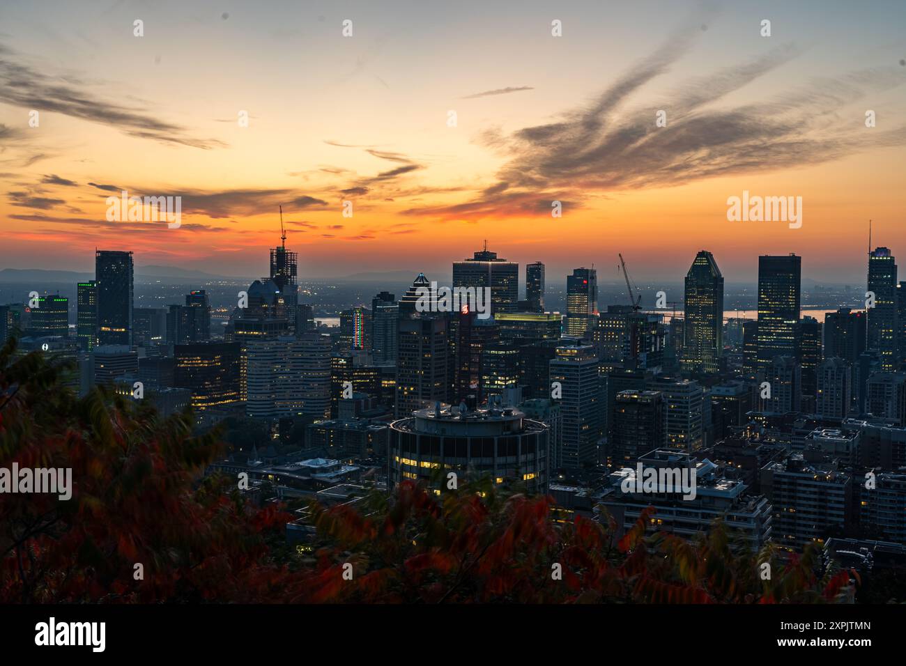 Montreal sunrise from Mont Royal Kondiaronk Belvedere with colorful ...