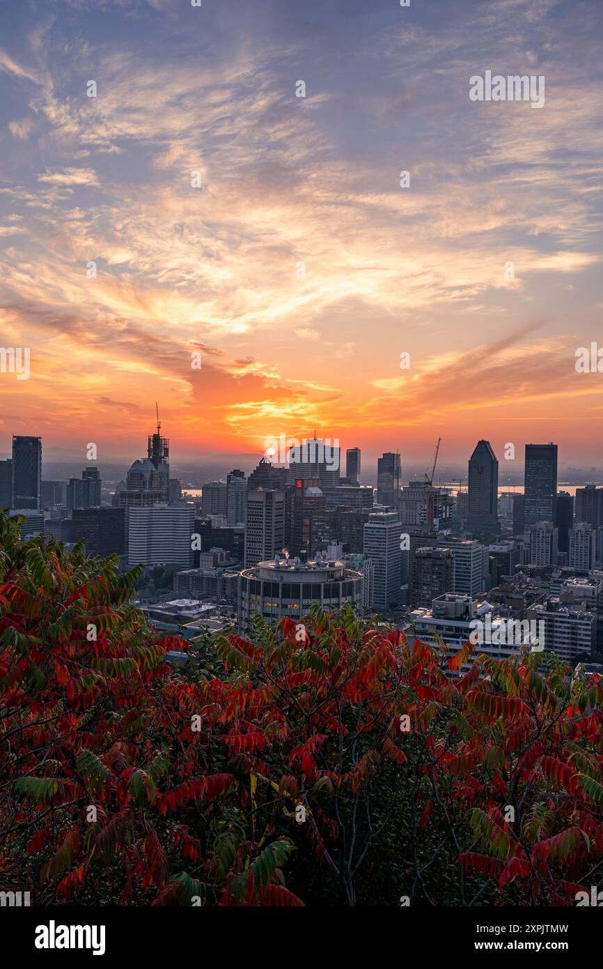 Montreal sunrise from Mont Royal Kondiaronk Belvedere with colorful ...