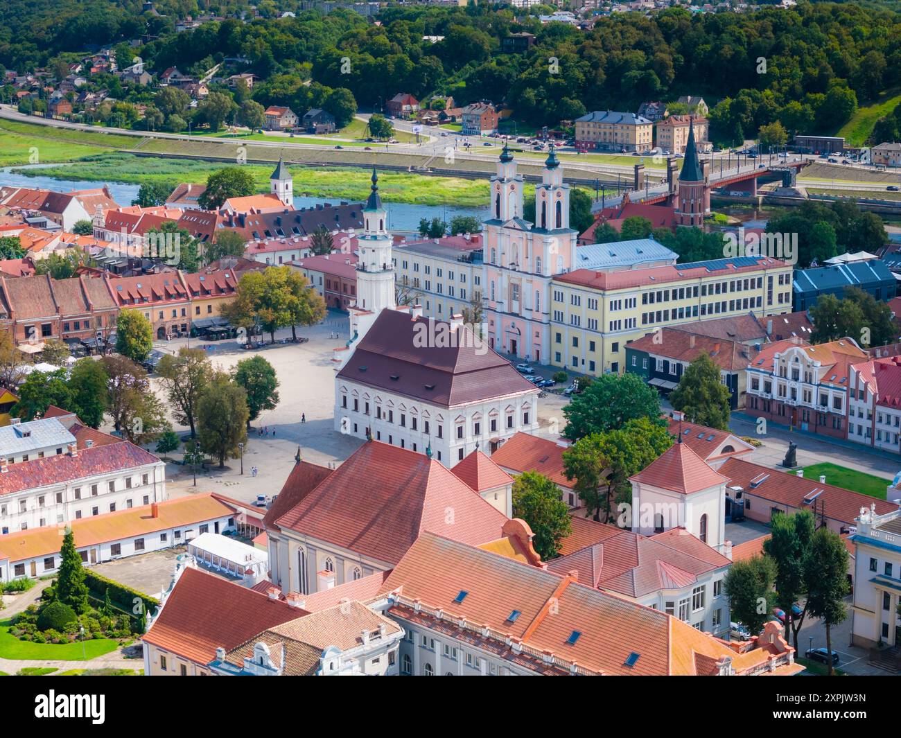 Kaunas city hall in old town, Lithuania. Panoramic drone aerial view ...