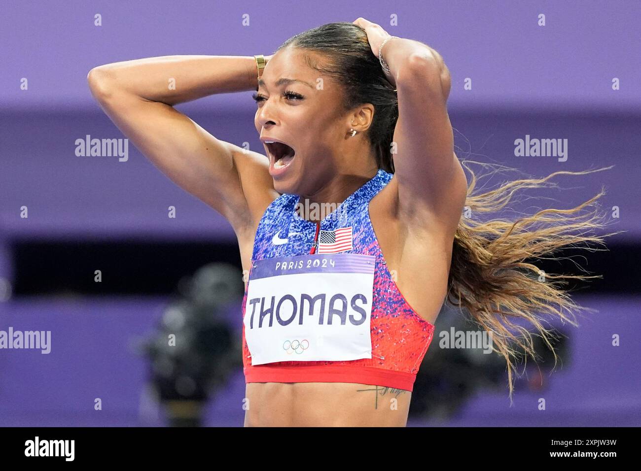 Gabrielle Thomas, of the United States, celebrates after winning the ...