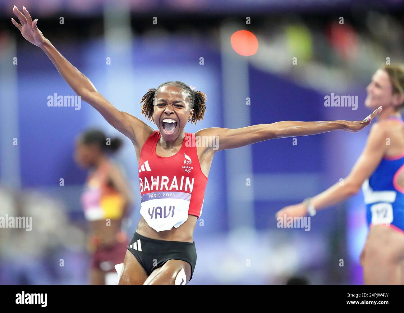 Paris, France. 6th Aug, 2024. Winfred Yavi of Bahrain celebrates after ...