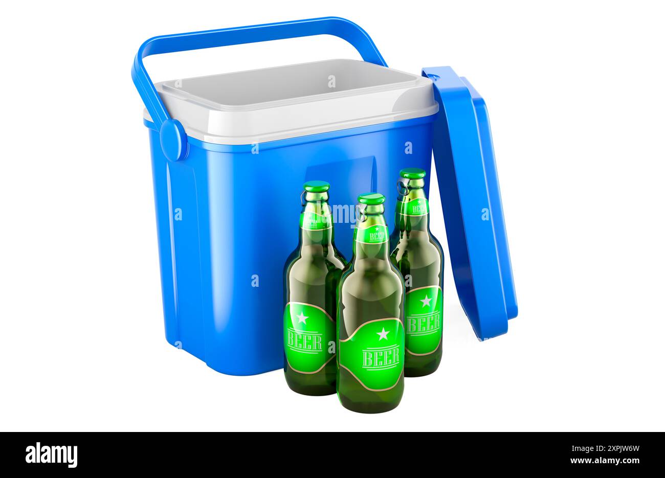 Beer bottles with Portable Cool Box. 3D rendering isolated on white ...