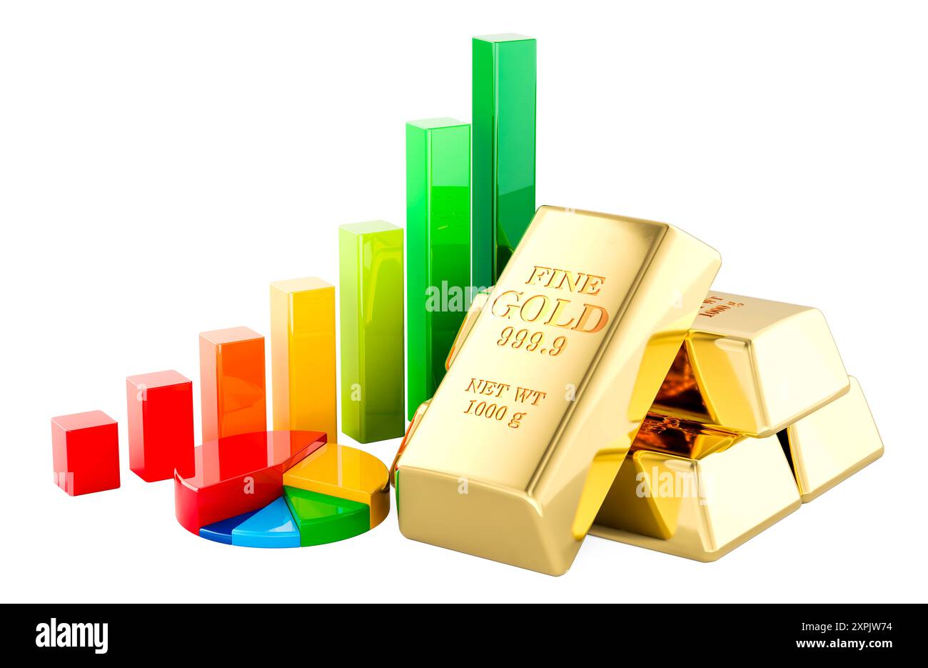 Gold ingots with growth bar graph and pie chart, 3D rendering isolated ...