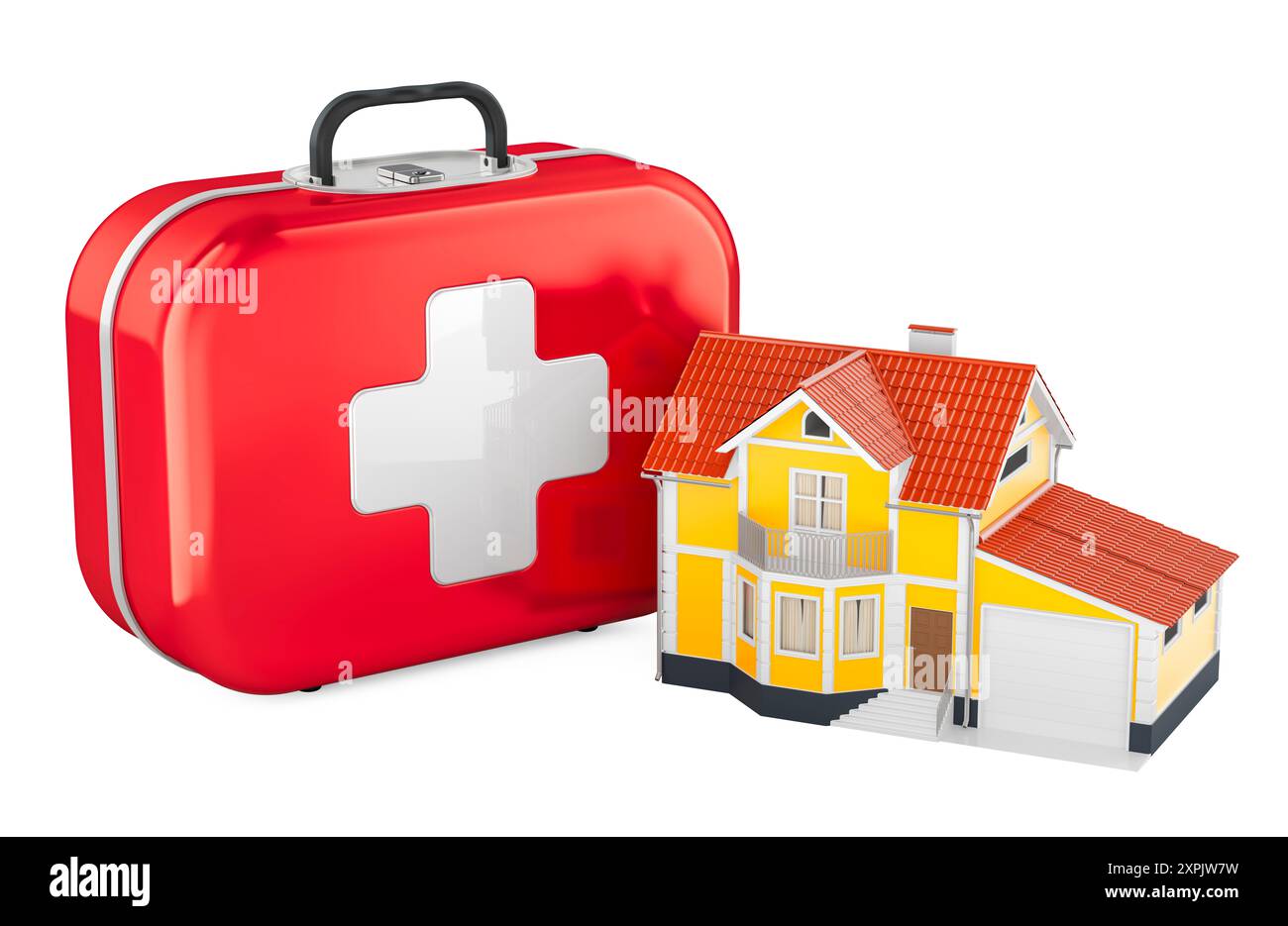 Emergency medical service, concept. First Aid Kit with home. 3D ...