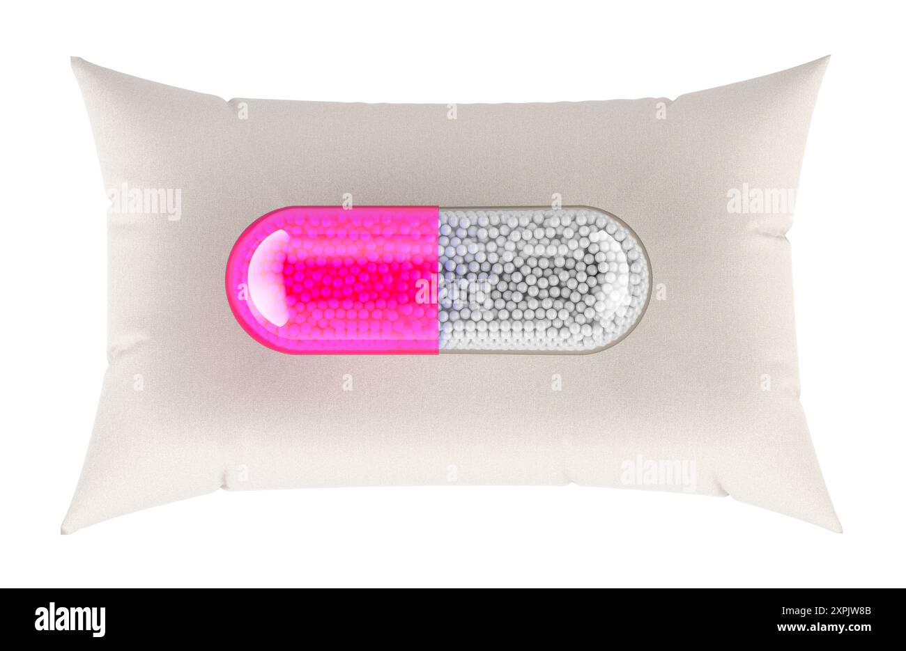 Medicament capsule on the pillow. Hypnotic, sleeping pills concept. 3D ...
