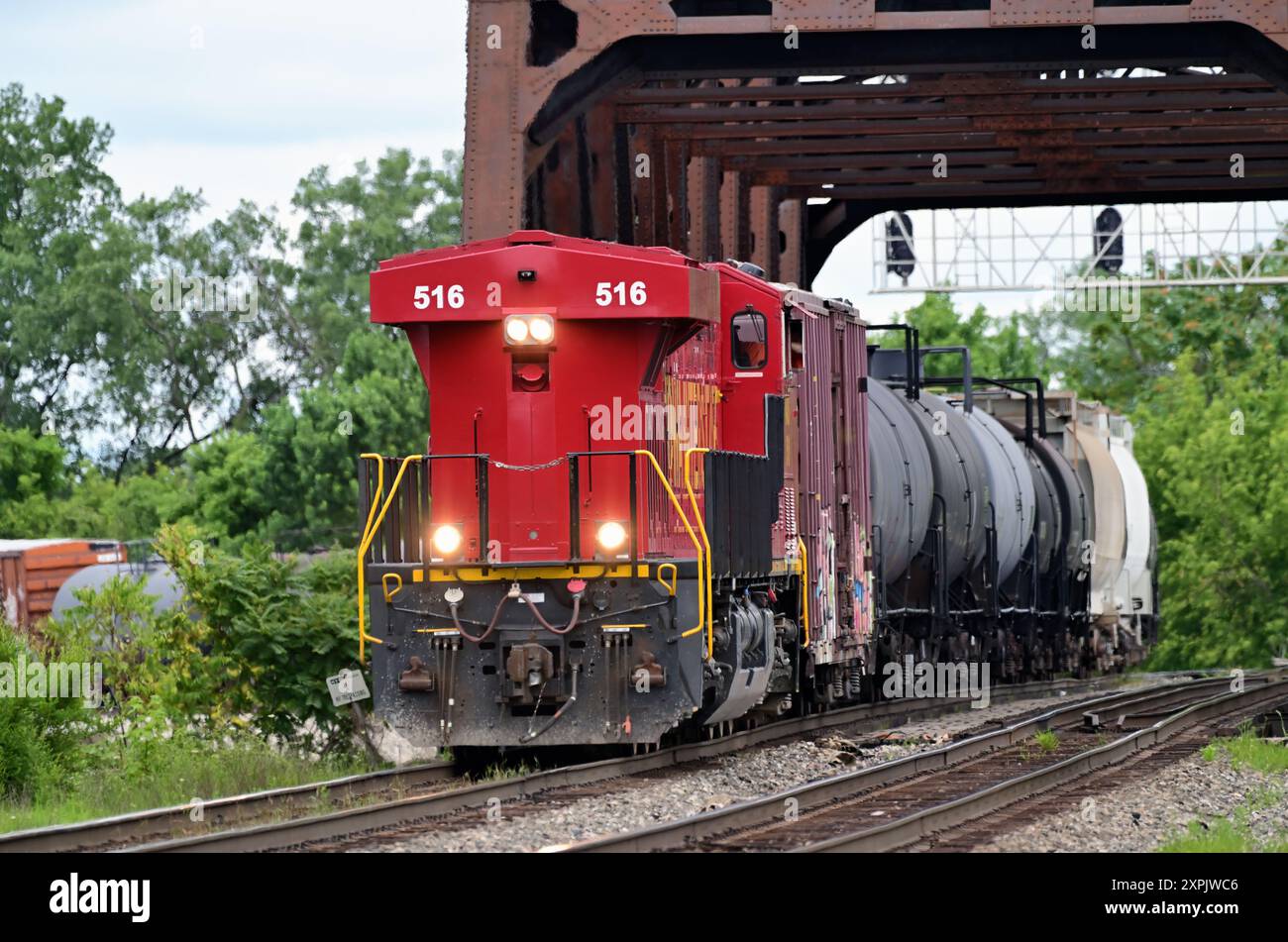 Blue Island, Illinois, USA. With long hood forward, an Iowa Interstate Railroad locomotive leads ...