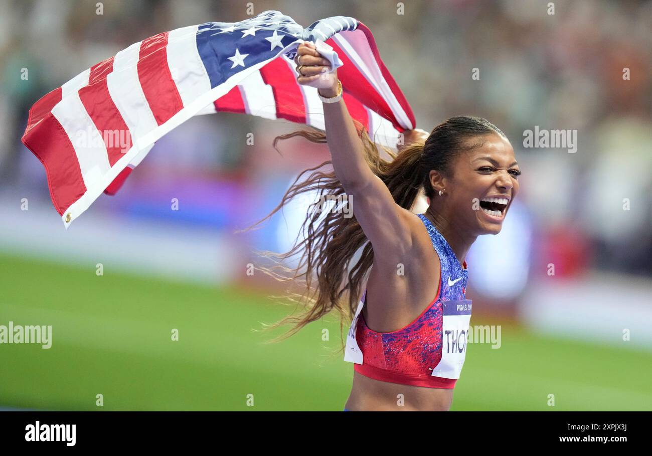 Paris, France. 06th Aug, 2024. Gabriella Thomas of the U.S. celebrates ...