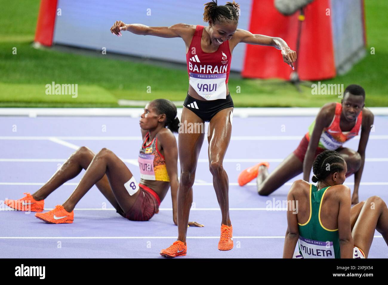 Winfred Yavi, of Bahrain, reacts after competing in the women's 3000 ...