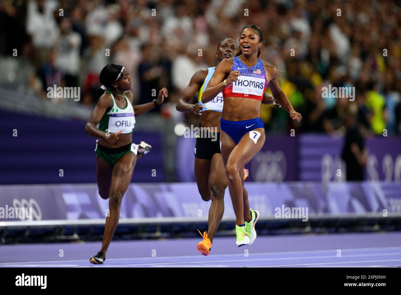 Gabrielle Thomas of, USA. , . celebrates after winning the women's ...