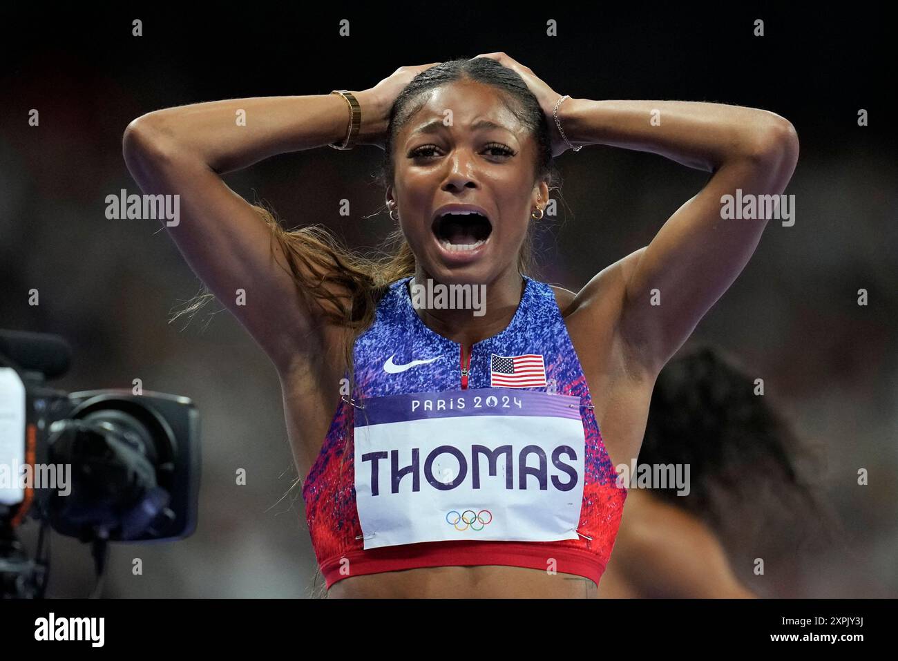Gabrielle Thomas, of the United States, reacts after winning the gold ...