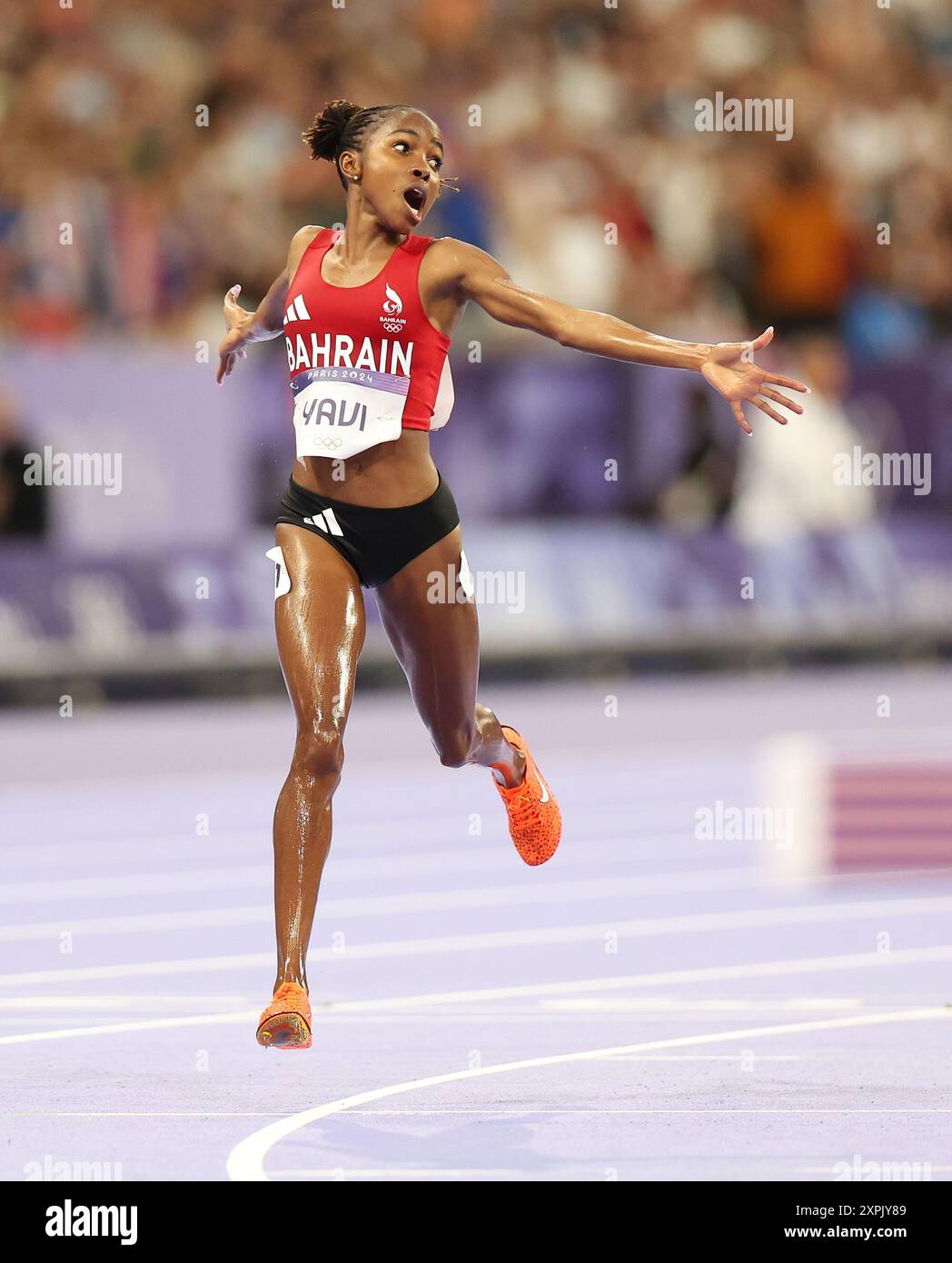 Paris, France. 6th Aug, 2024. Winfred Yavi of Bahrain celebrates after ...