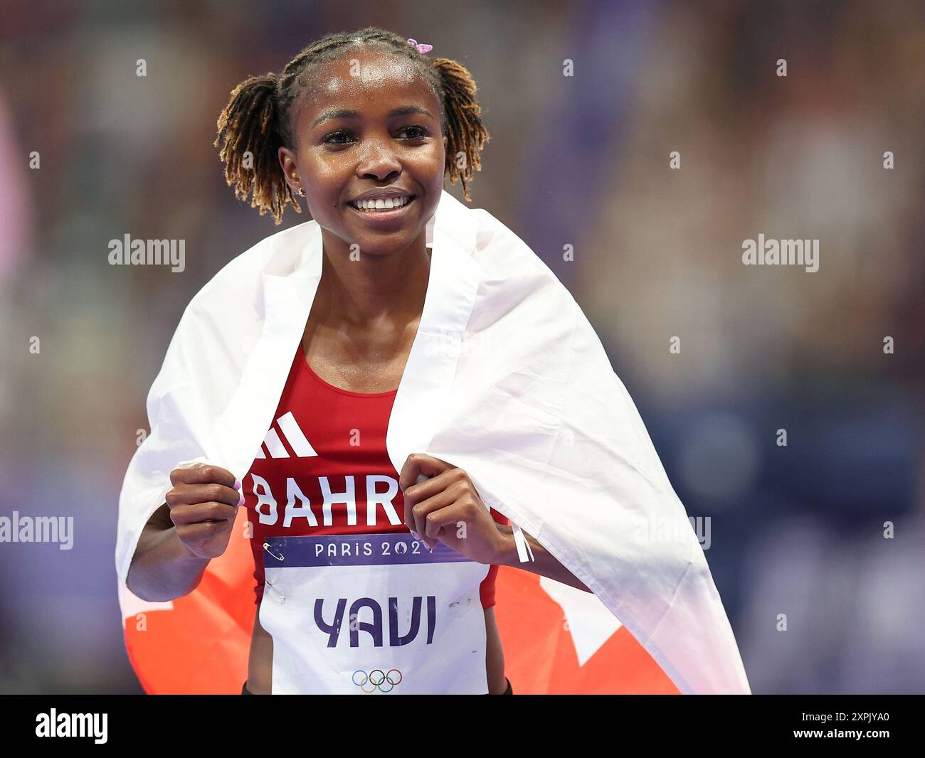 Paris, France. 6th Aug, 2024. Winfred Yavi of Bahrain celebrates after ...