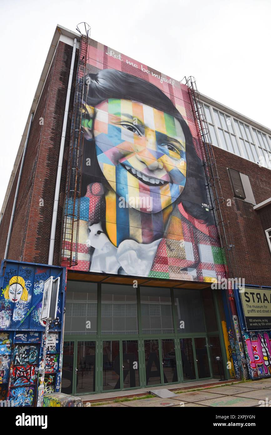 Amsterdam, the Netherlands. July 28, 2024. A mural of Anne Frank at the ...