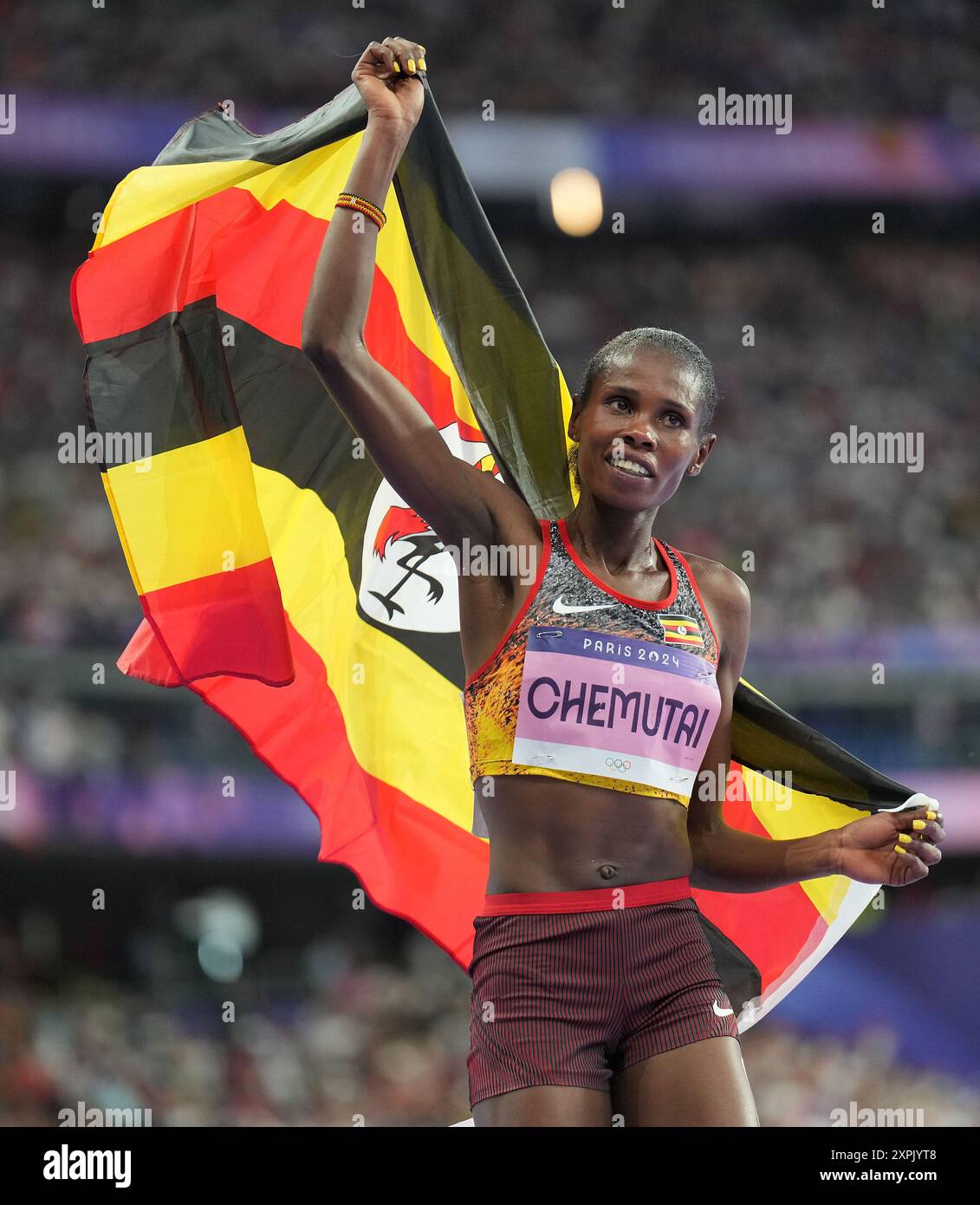 Paris, France. 6th Aug, 2024. Peruth Chemutai of Uganda celebrates ...