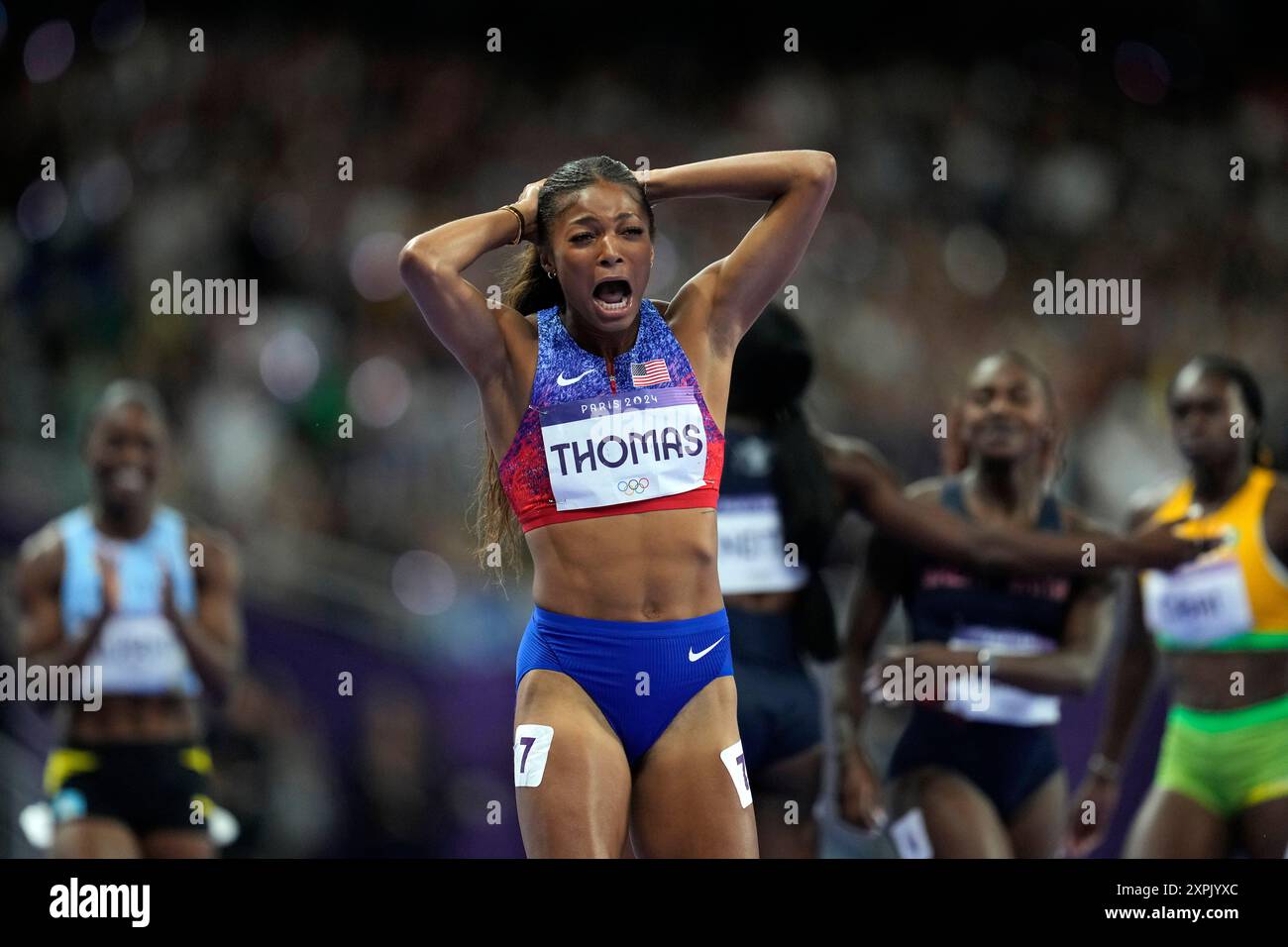 Gabrielle Thomas, of the United States, reacts to winning the gold ...