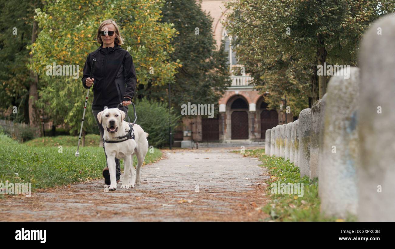 Visually impaired woman walking along city park with a guide dog ...