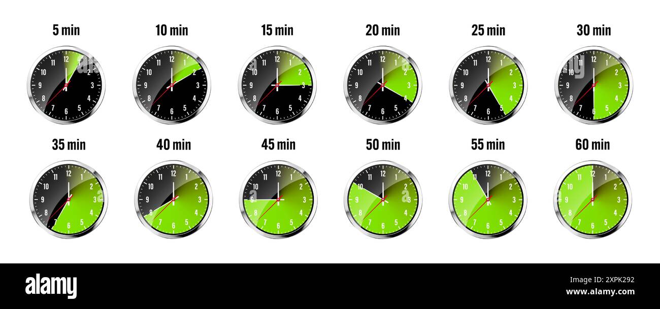 Wall clock, stopwatch icons. Shiny metal chronometer, time counter with ...