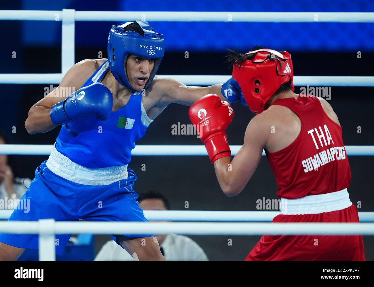 Algeria’s Imane Khelif (left) in action against Thailand’s Janjaem ...