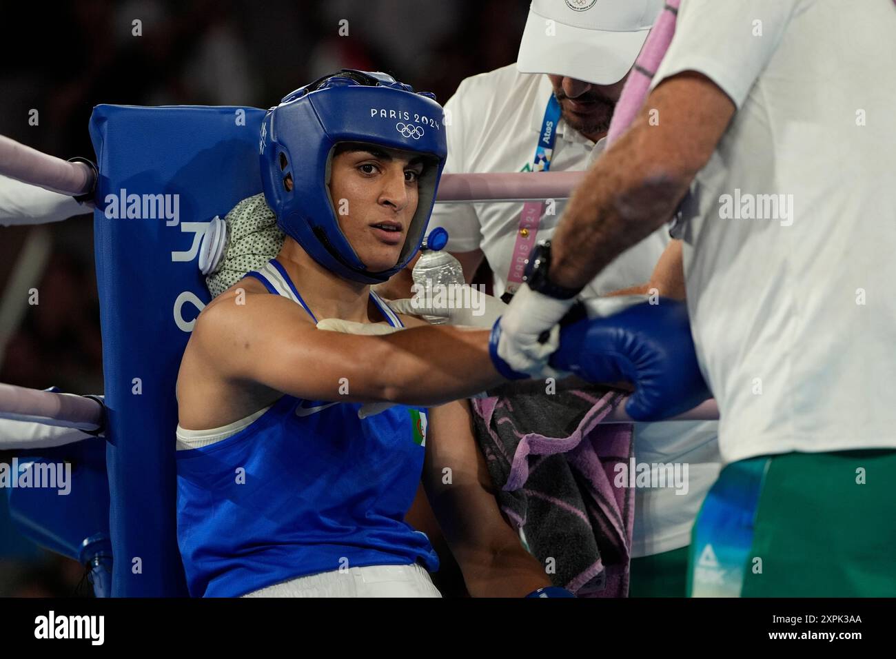 Algeria's Imane Khelif is checked on while fighting Thailand's Janjaem ...