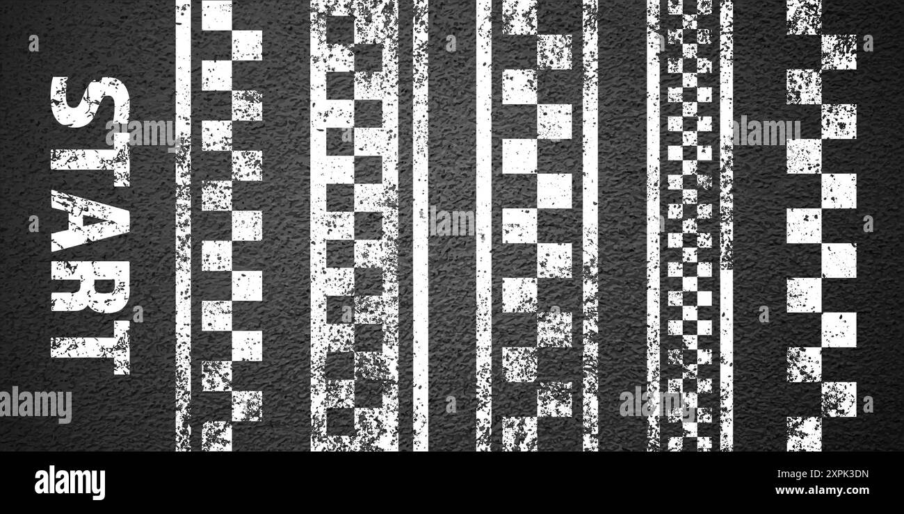 Asphalt road with white start or finish checkered line marking ...