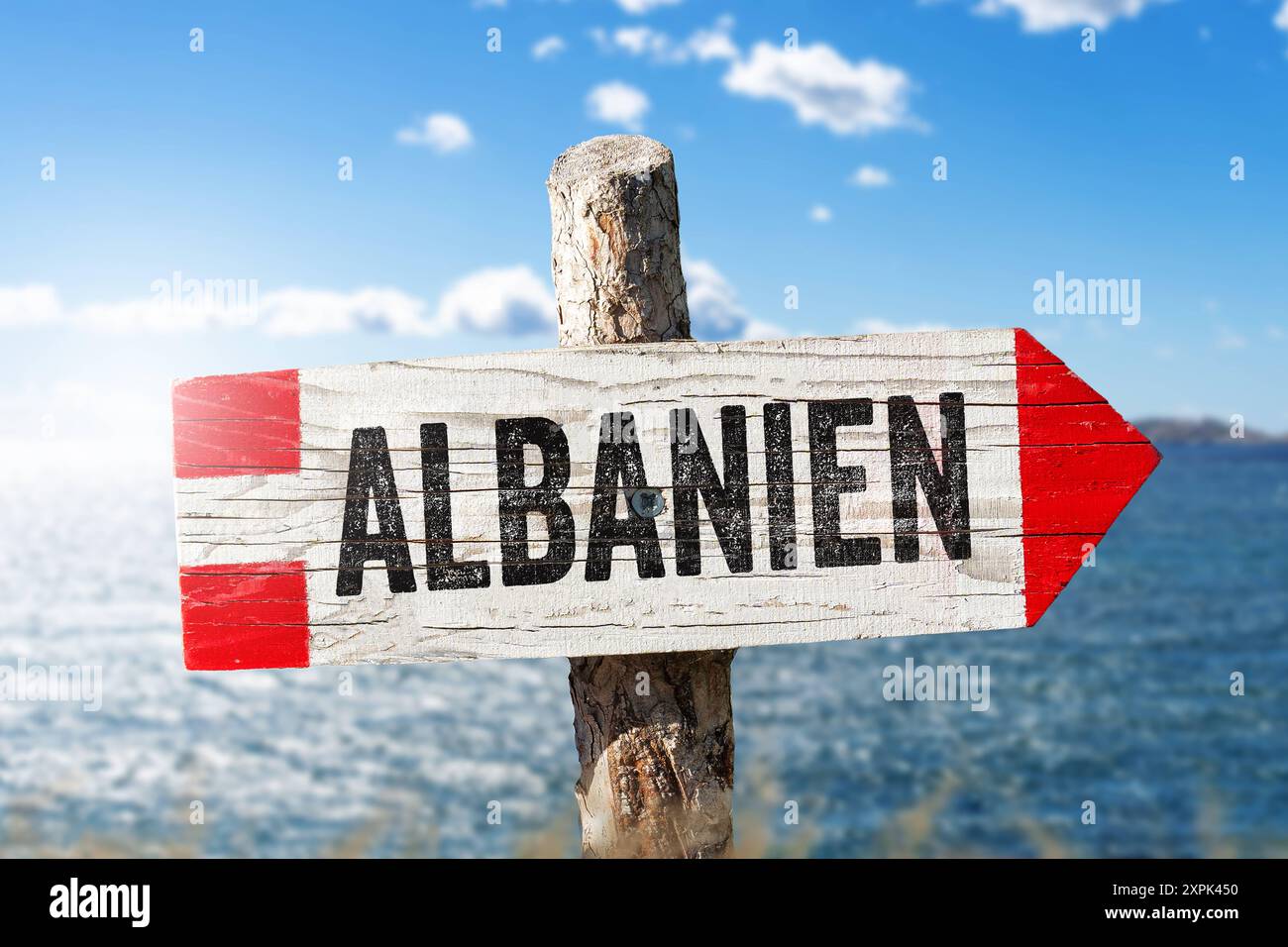 6 August 2024: Vacation in Albania sign. Wooden signpost in front of ...