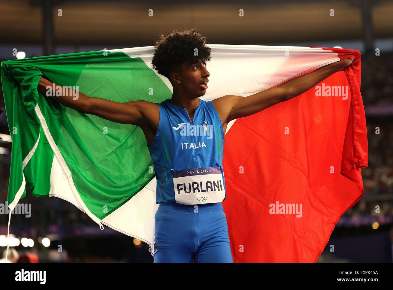 Paris, France. 6th Aug, 2024. Mattia Furlani of Italy celebrates after ...
