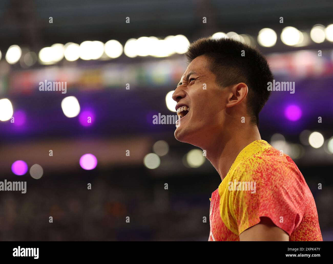 Paris, France. 6th Aug, 2024. Zhang Mingkun of China reacts after the men's long jump final of ...