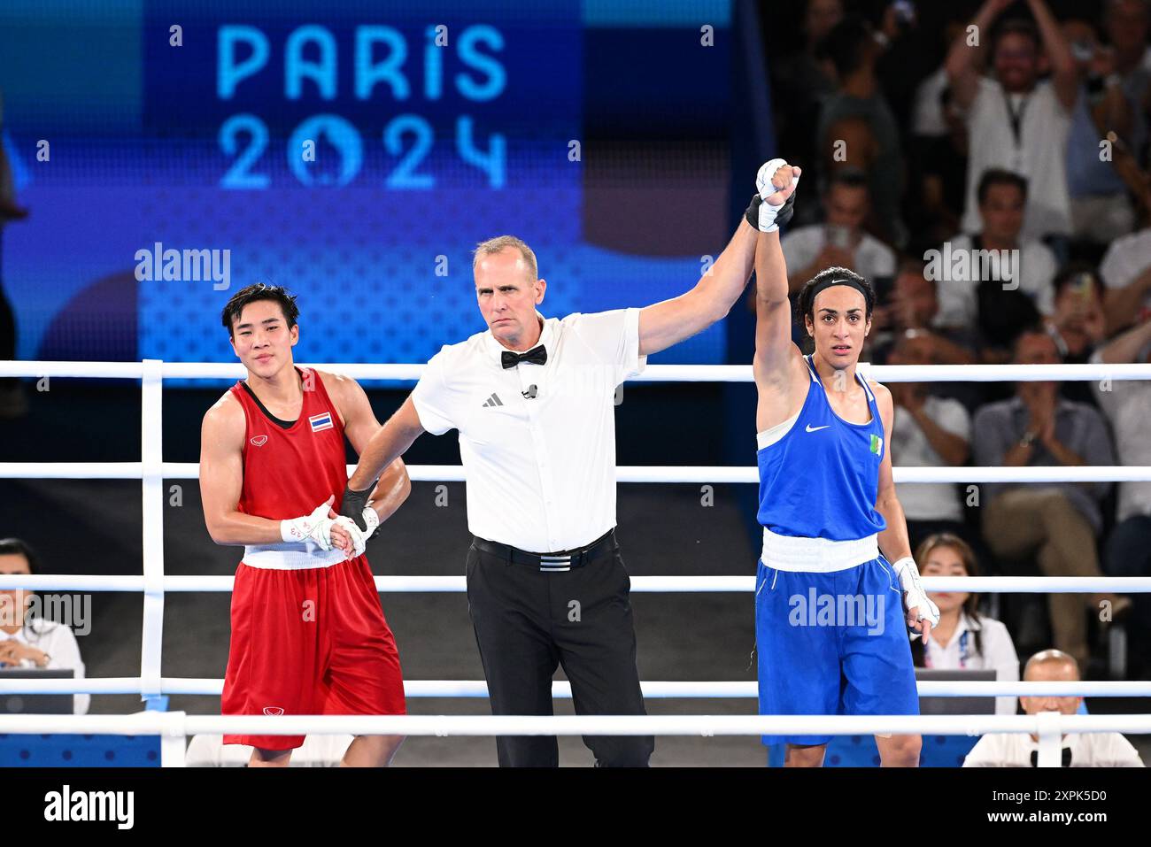 Paris, France. 06th Aug, 2024. Algerian boxer Imane Khelif (right ...