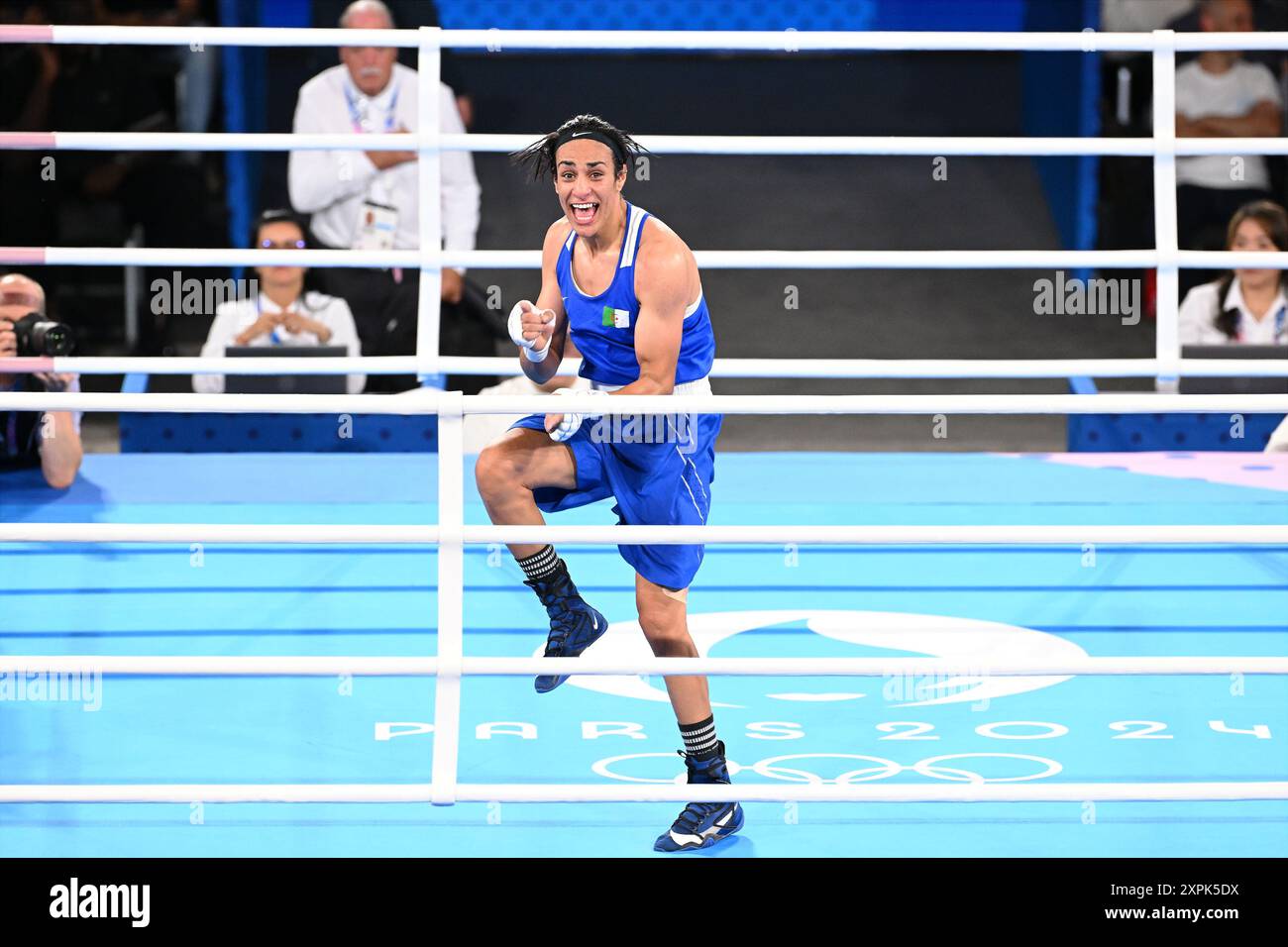 Paris, France. 06th Aug, 2024. Algerian boxer Imane Khelif reacts after ...