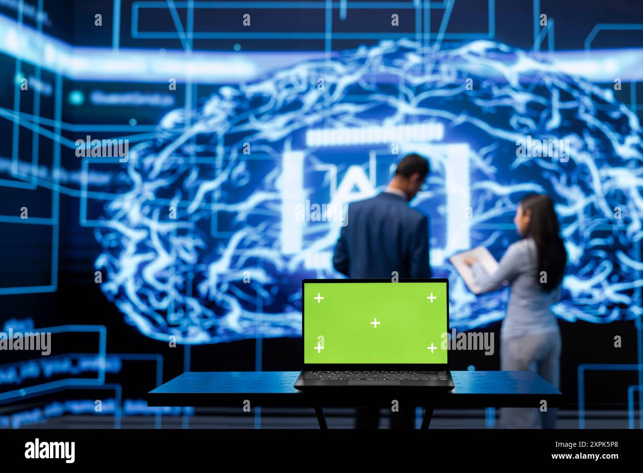 AI engineers using isolated screen device for business data analysis. IT department staff ...