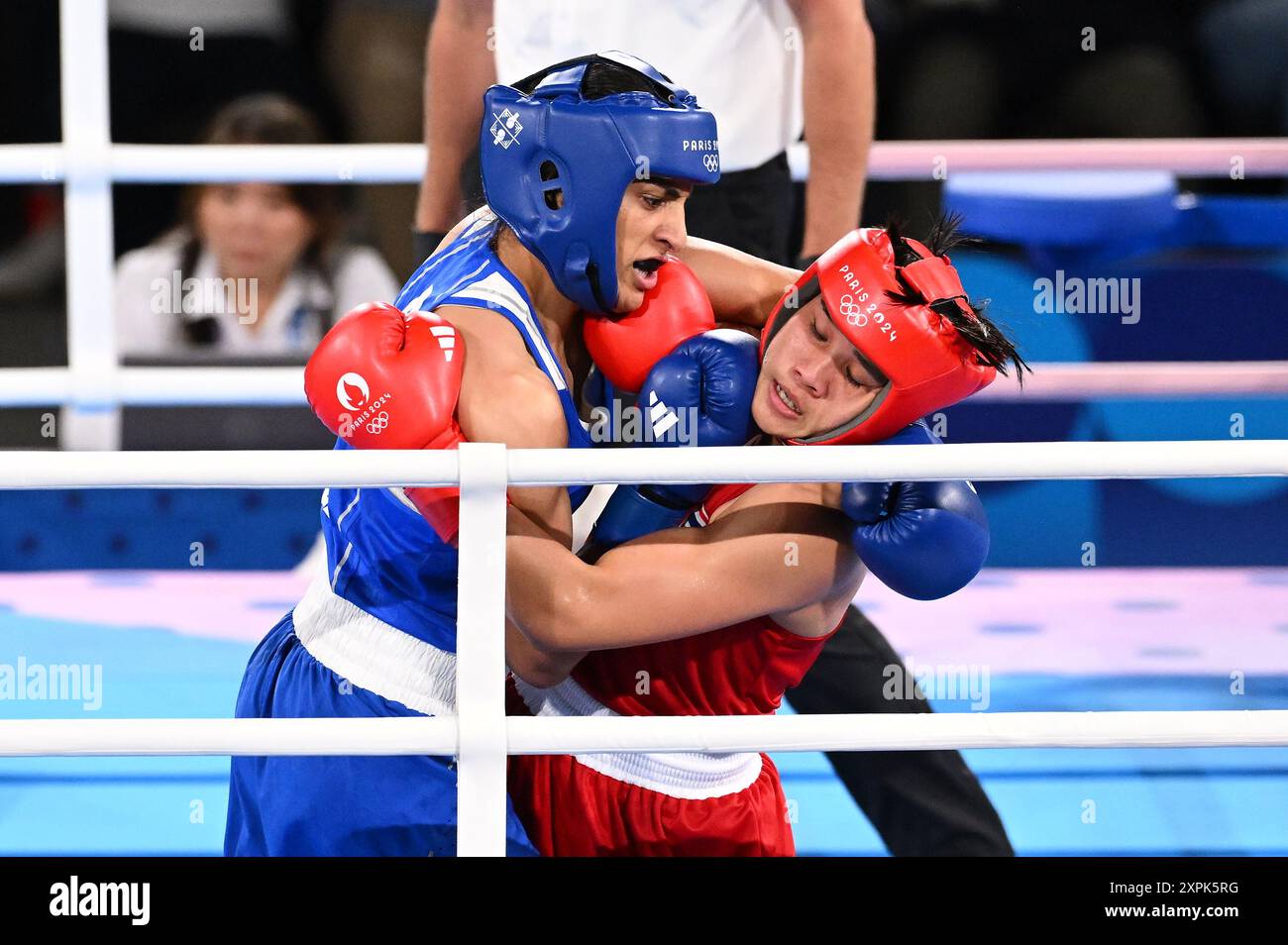 Paris, France. 06th Aug, 2024. Algerian boxer Imane Khelif (left) and ...