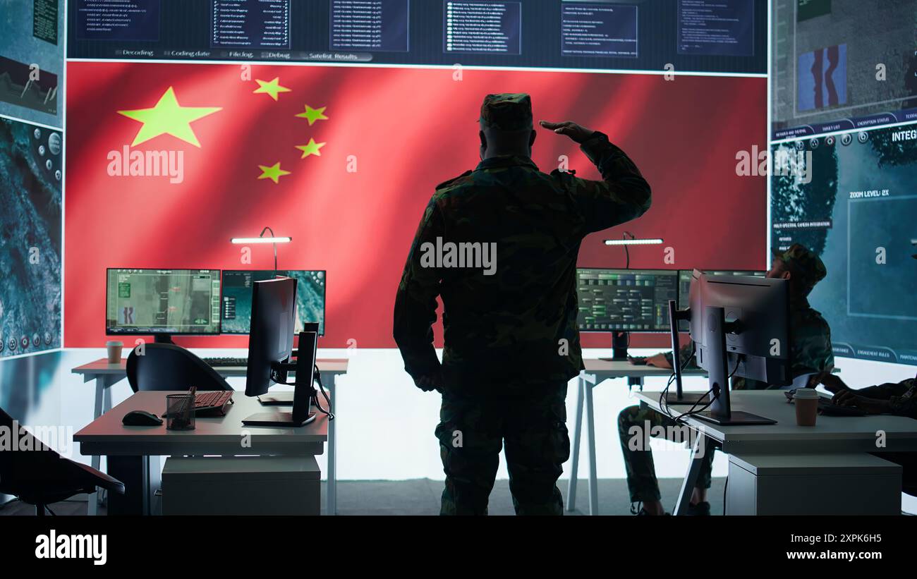 Army IT expert in control center collecting real time battlefield data ...