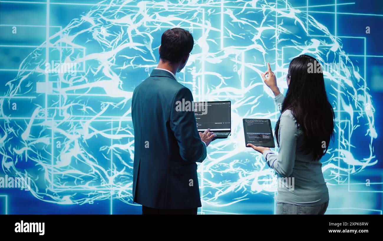 Team Of Admins Using Tablet And Laptop To Maintenance Artificial Intelligence Neural Networks