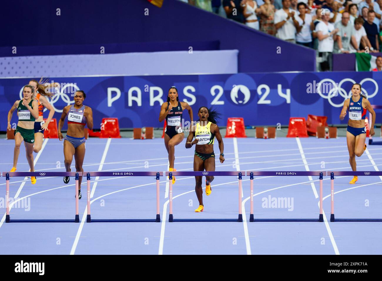 Rushell Clayton of Jamaica competes during Women's 400m Hurdles Semi ...