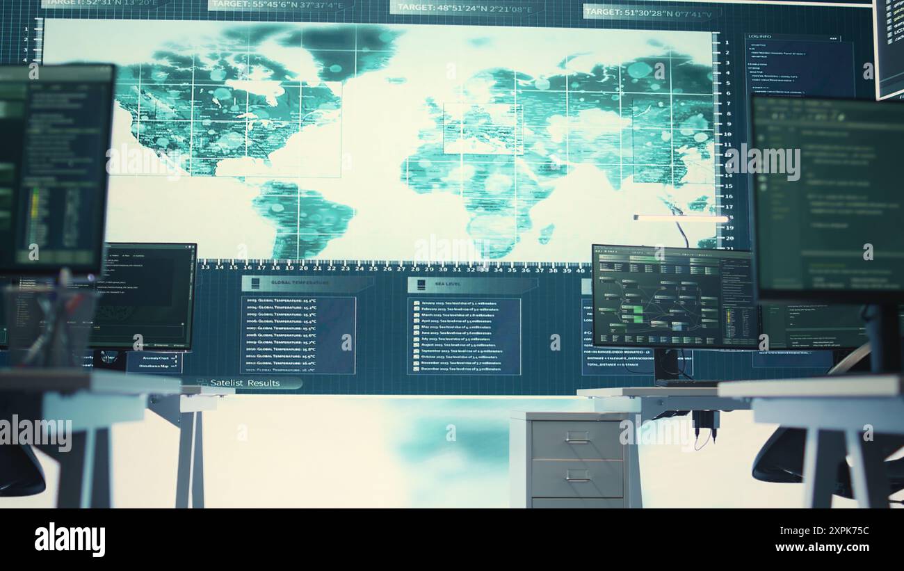 Cyber security monitoring room with high tech equipment. Governmental ...