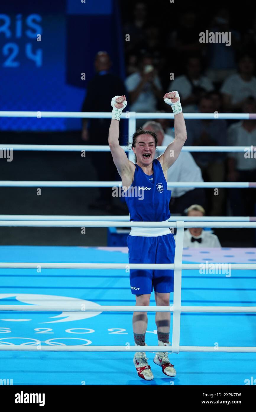Ireland’s Kellie Harrington celebrates victory over China’s Wenlu Yang ...