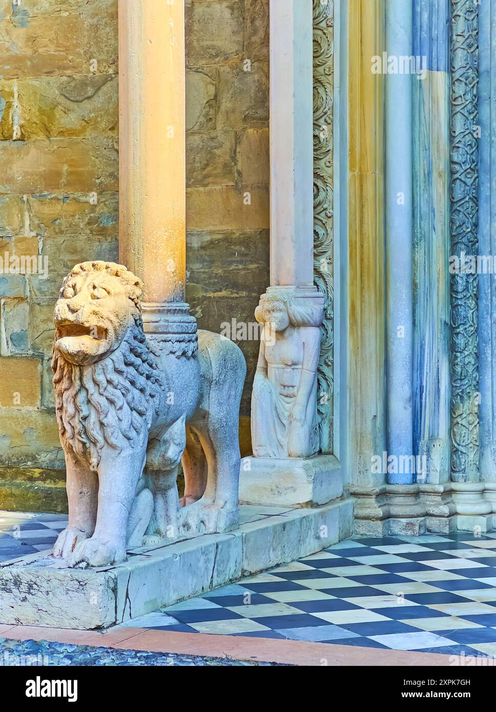 The sculptures of the ancient lion column base and female Telamon ...