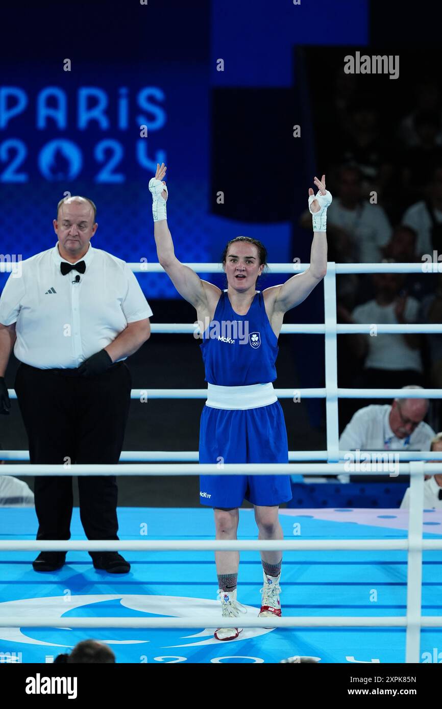 Ireland’s Kellie Harrington celebrates victory over China’s Wenlu Yang ...