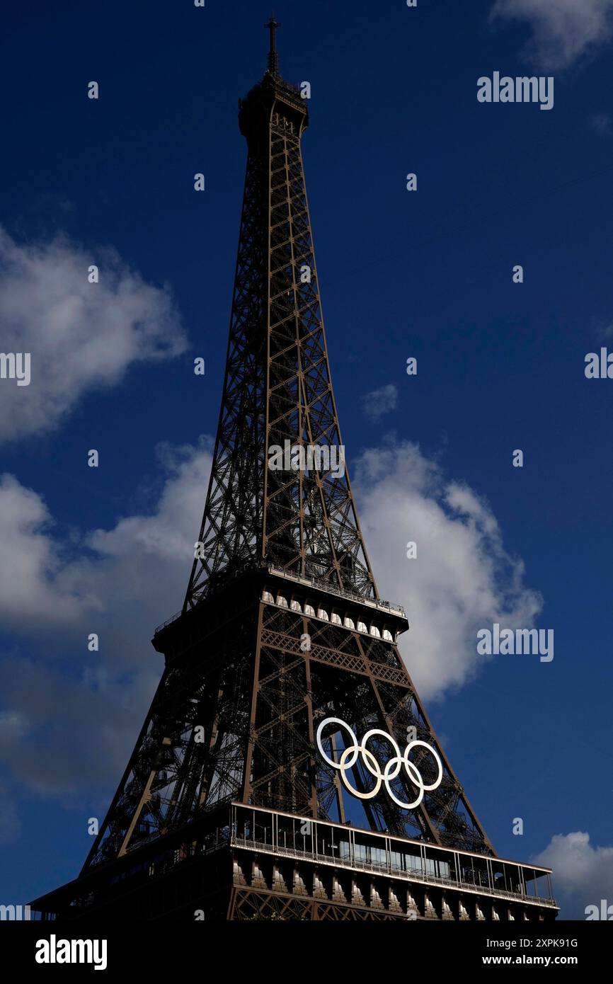The Olympic rings are seen on the Eiffel Tower during the 2024 Summer ...