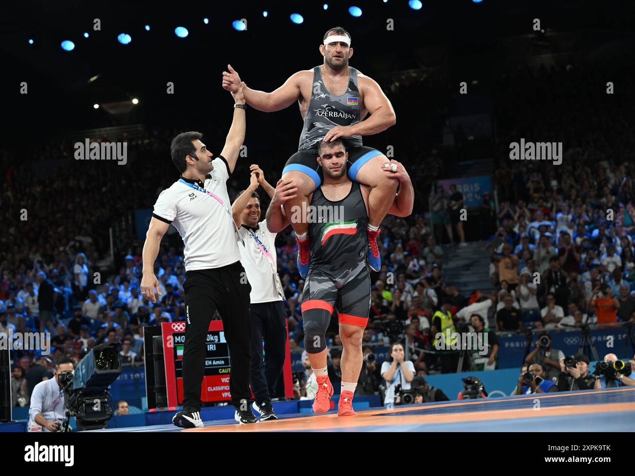 Paris, France. 6th Aug, 2024. Amin Mirzazadeh (R bottom) of Iran ...