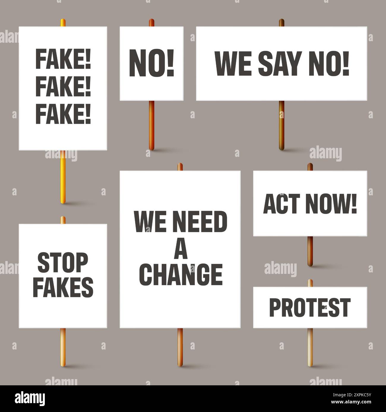 Blank white protest signs with text slogans on wooden holder. Various ...