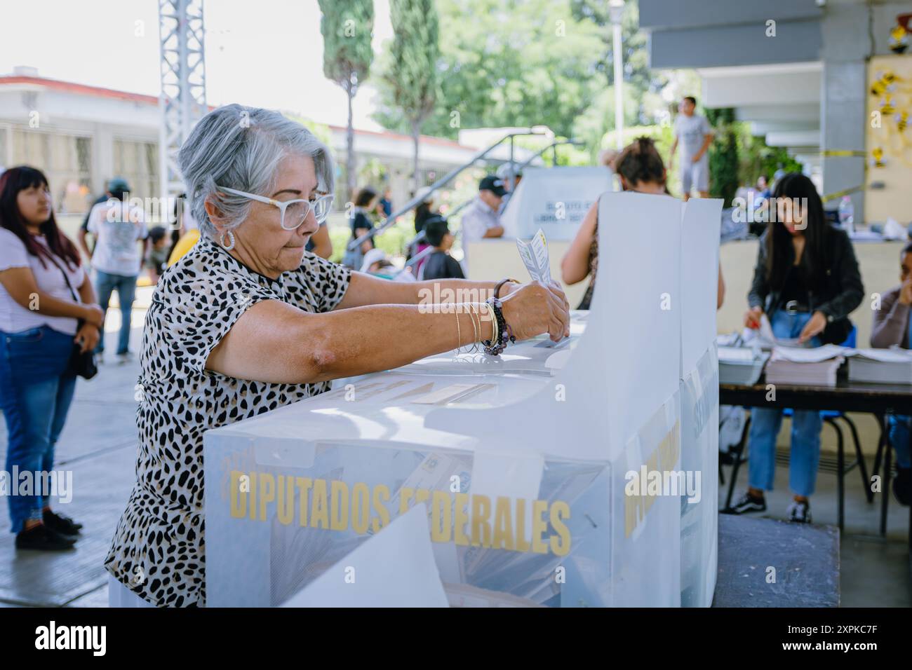 A person places their ballot into the box at an electoral station set ...