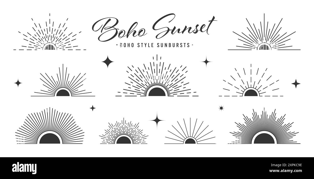 Vintage sunburst, sunset beams, half circle sunrise. Boho style, modern ...